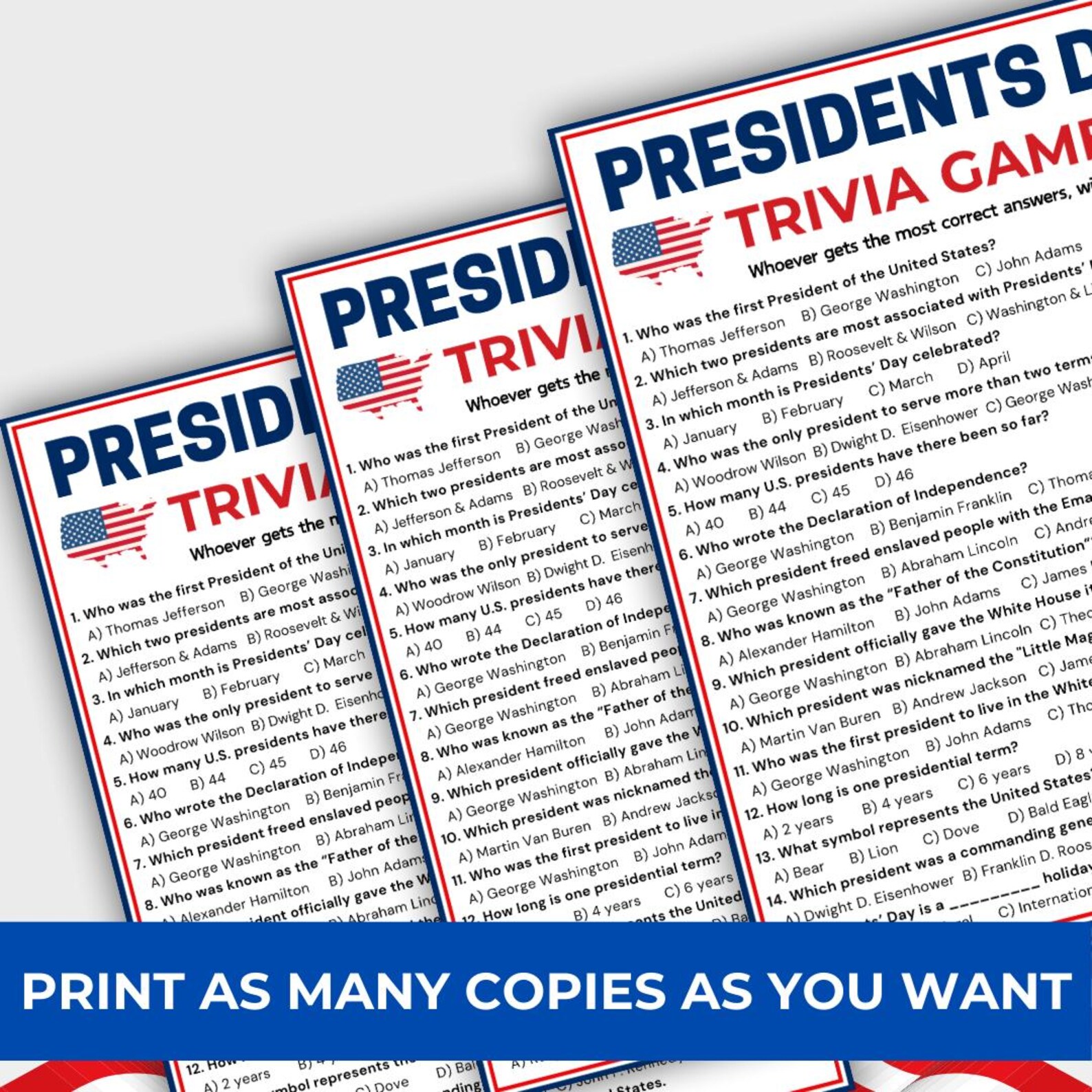 Presidents' Day Trivia Game, Printable Patriotic Trivia Quiz, Fun ...