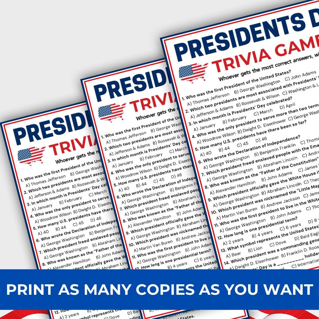 Presidents' Day Trivia Game, Printable Patriotic Trivia Quiz, Fun ...