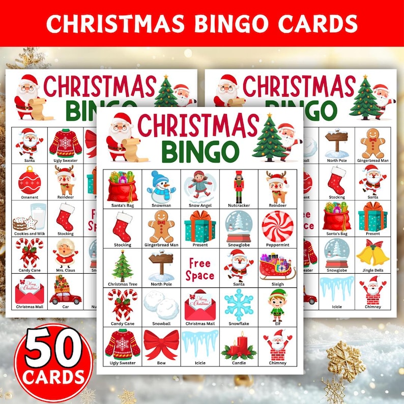 50 Christmas Bingo Cards, Christmas Bingo Game, Christmas Party Games ...