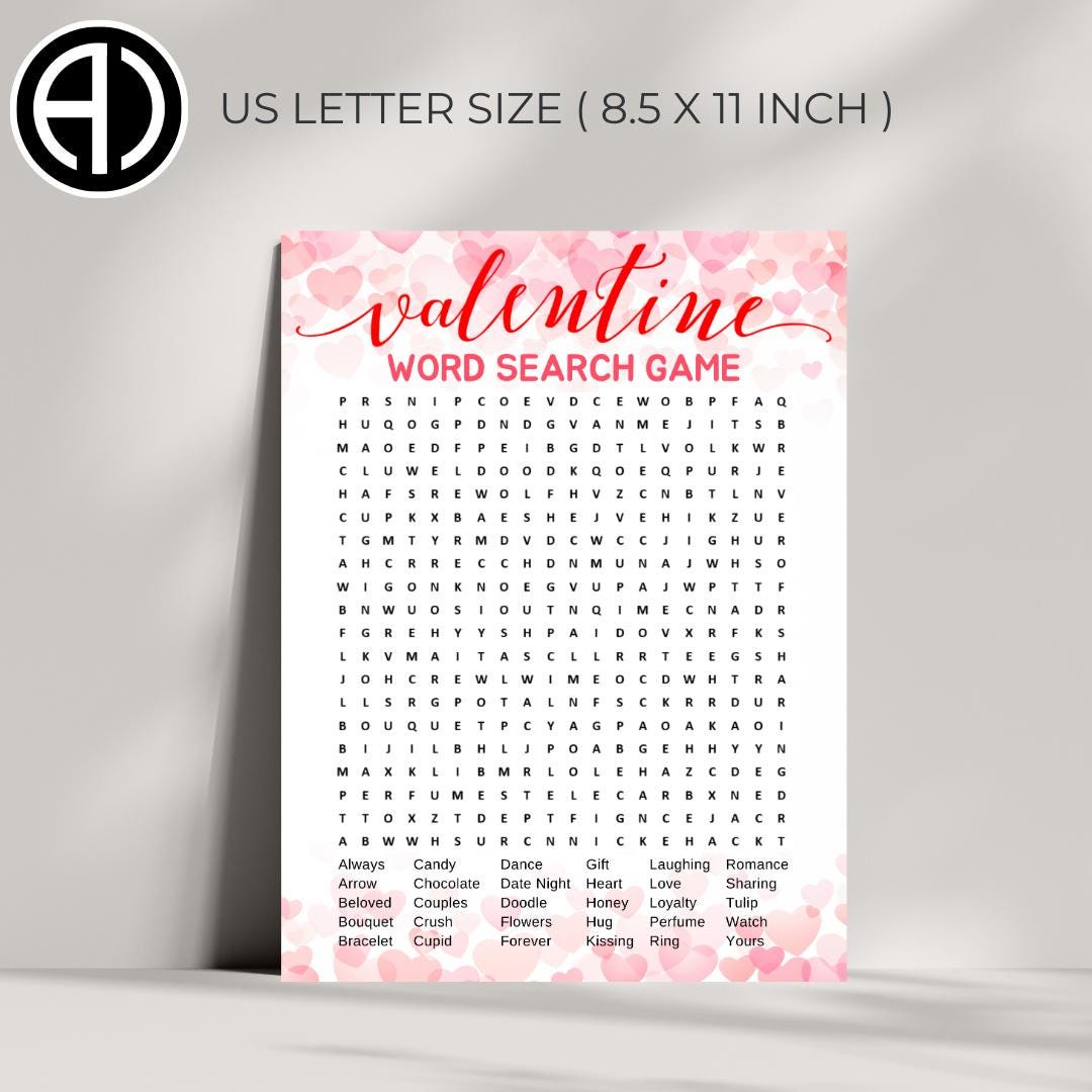 Valentine's Day Word Search Puzzle Printable, Valentine Party Game ...