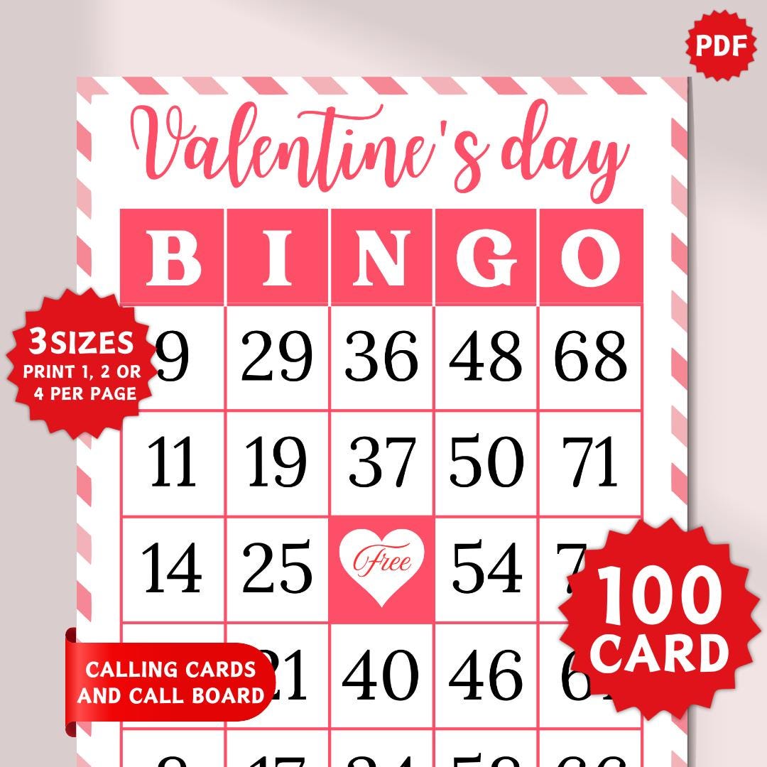 100 Valentine's Day Bingo Cards, Valentines Party Game, Valentines ...