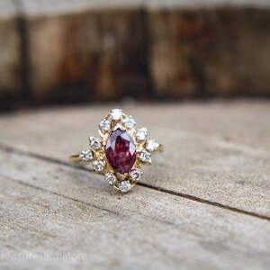 Vintage Ruby Diamond 14K Cocktail Ring / Marquise Shaped Ruby With ...