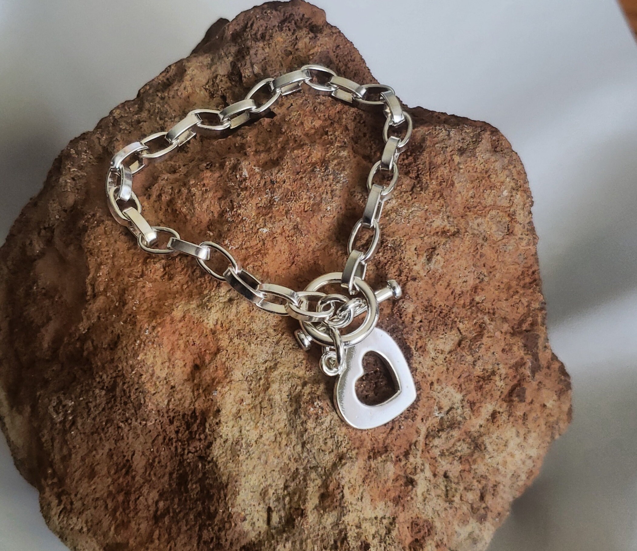 Sterling Silver / Heart / Link / Bracelet / Toggle / T Clasp - Etsy