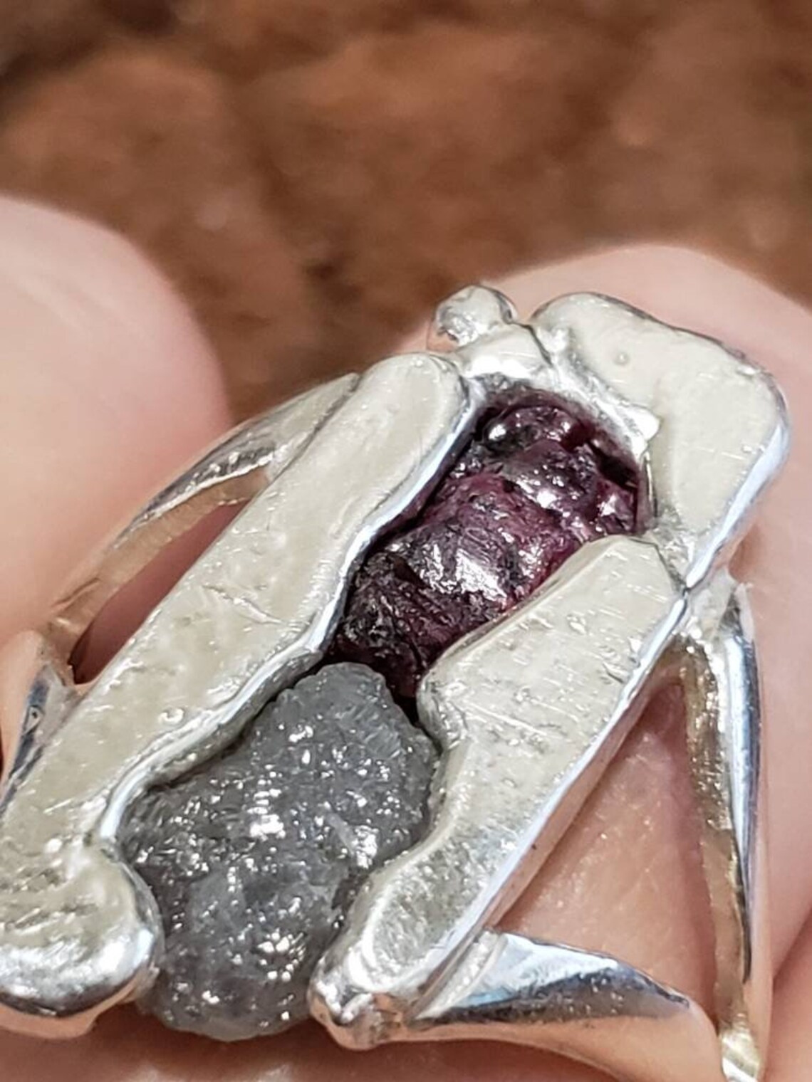 Raw diamond / Ruby Crystal / Sterling Silver / Cast in Place / | Etsy