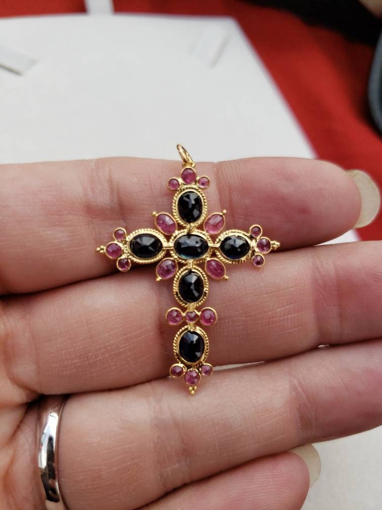 18K Gold Cross Ruby and Sapphire Ornate / Vintage Gold Cross / | Etsy