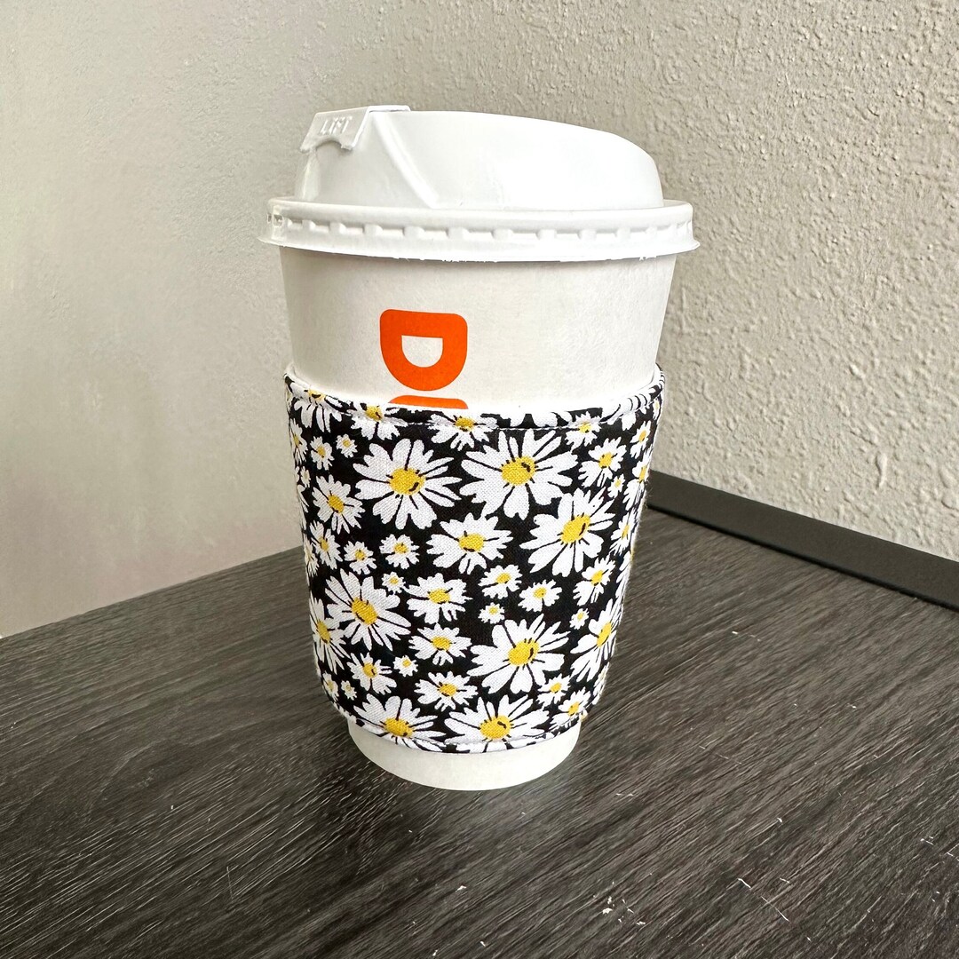 White Daisy Fabric Coffee Cozy - Cup Cozy, Reusable, Coffee Sleeve, Hot ...