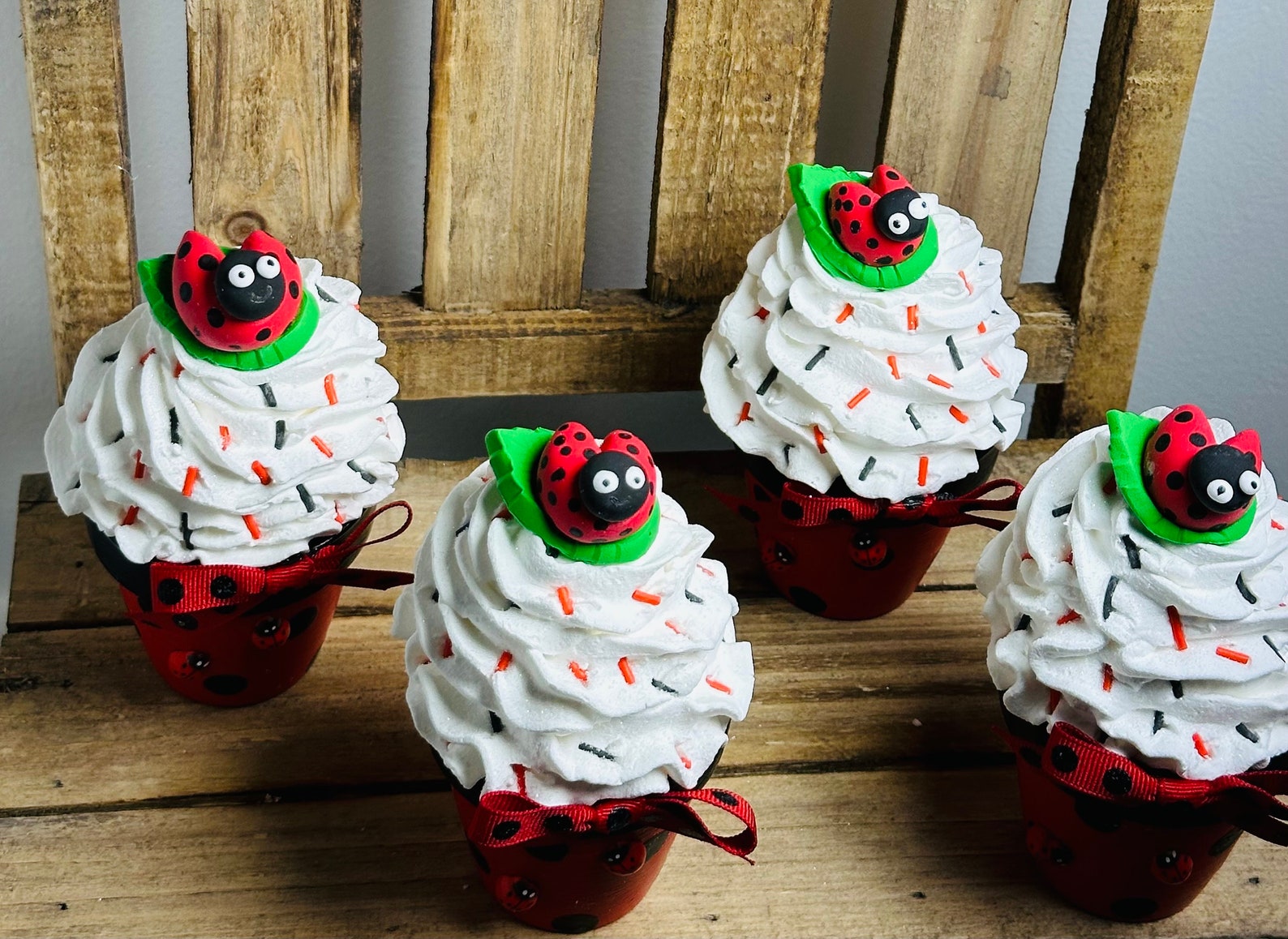 Fake Lady Bug Cupcakes, Lady Bug Decor, Ladybug Tiered Tray Decor ...