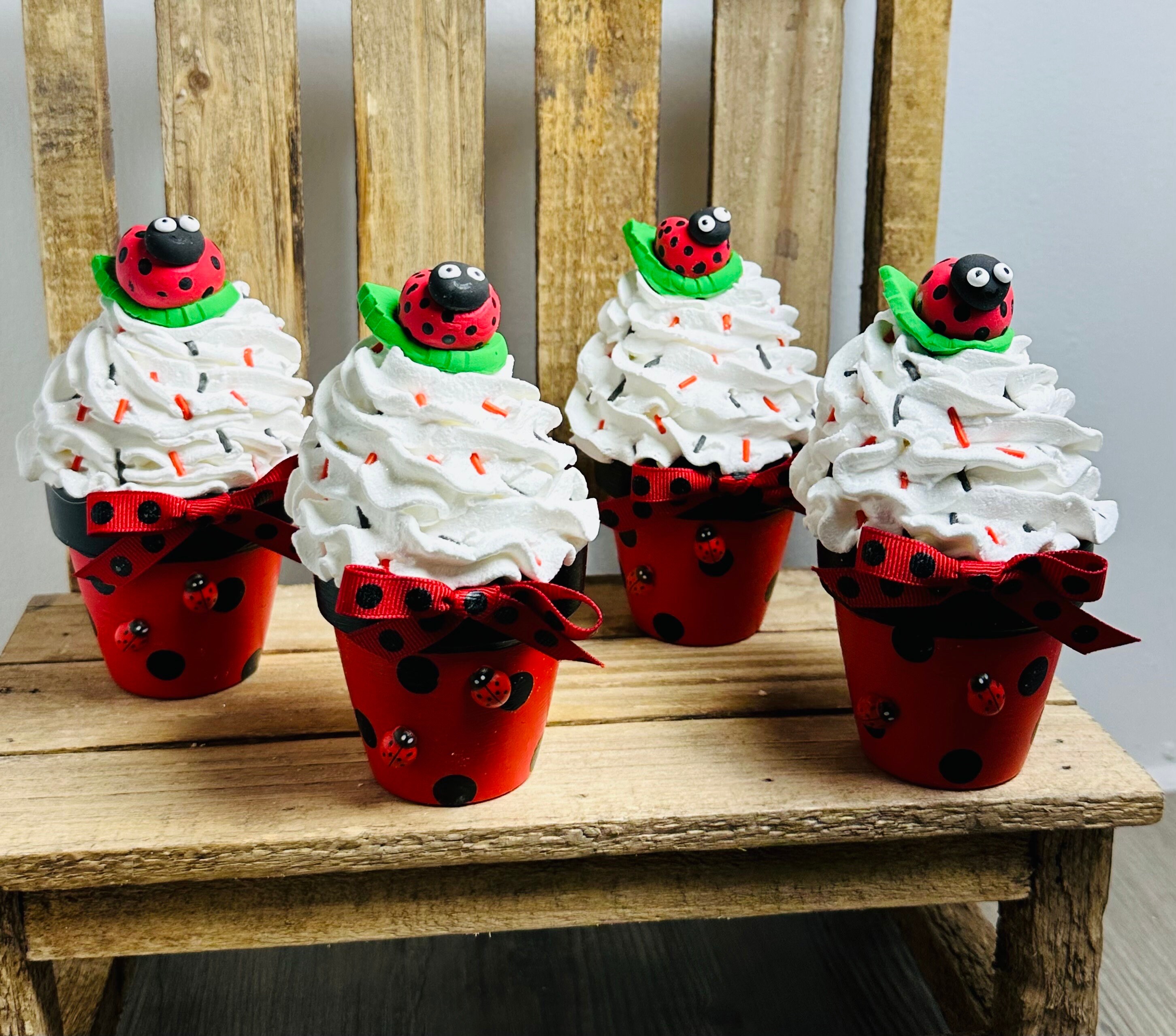 Fake Lady Bug Cupcakes, Lady Bug Decor, Ladybug Tiered Tray Decor ...