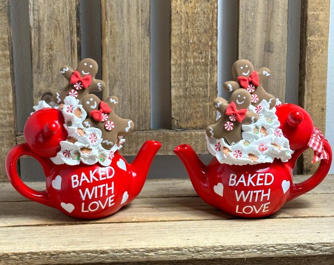 Fake Red Gingerbread Man Mini Tea Pot, Tiered Tray Decor, Coffee Bar ...