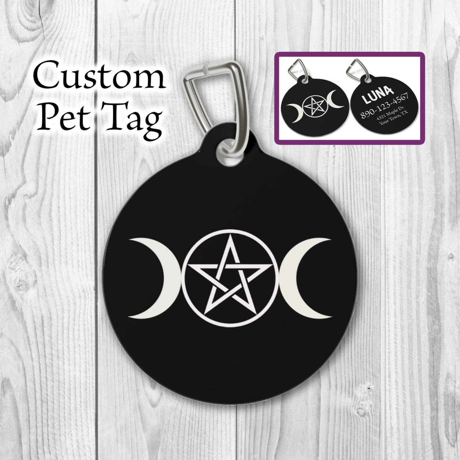 Custom Pet ID Tag Triple Goddess Pagan Pentacle Moon Magic | Etsy