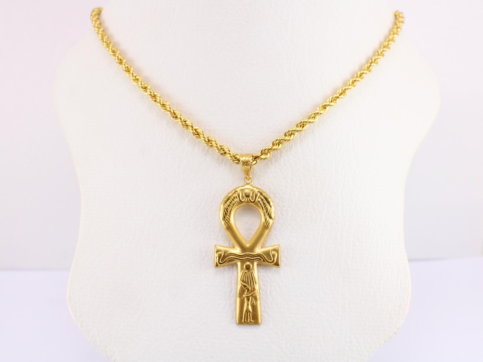 Gold Plated Sterling Silver Ankh Cross Key of Life Necklace Rope Chain ...