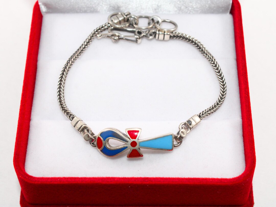 Colored Ankh Cross Oxidized Sterling Silver Bracelet Key of Life ...