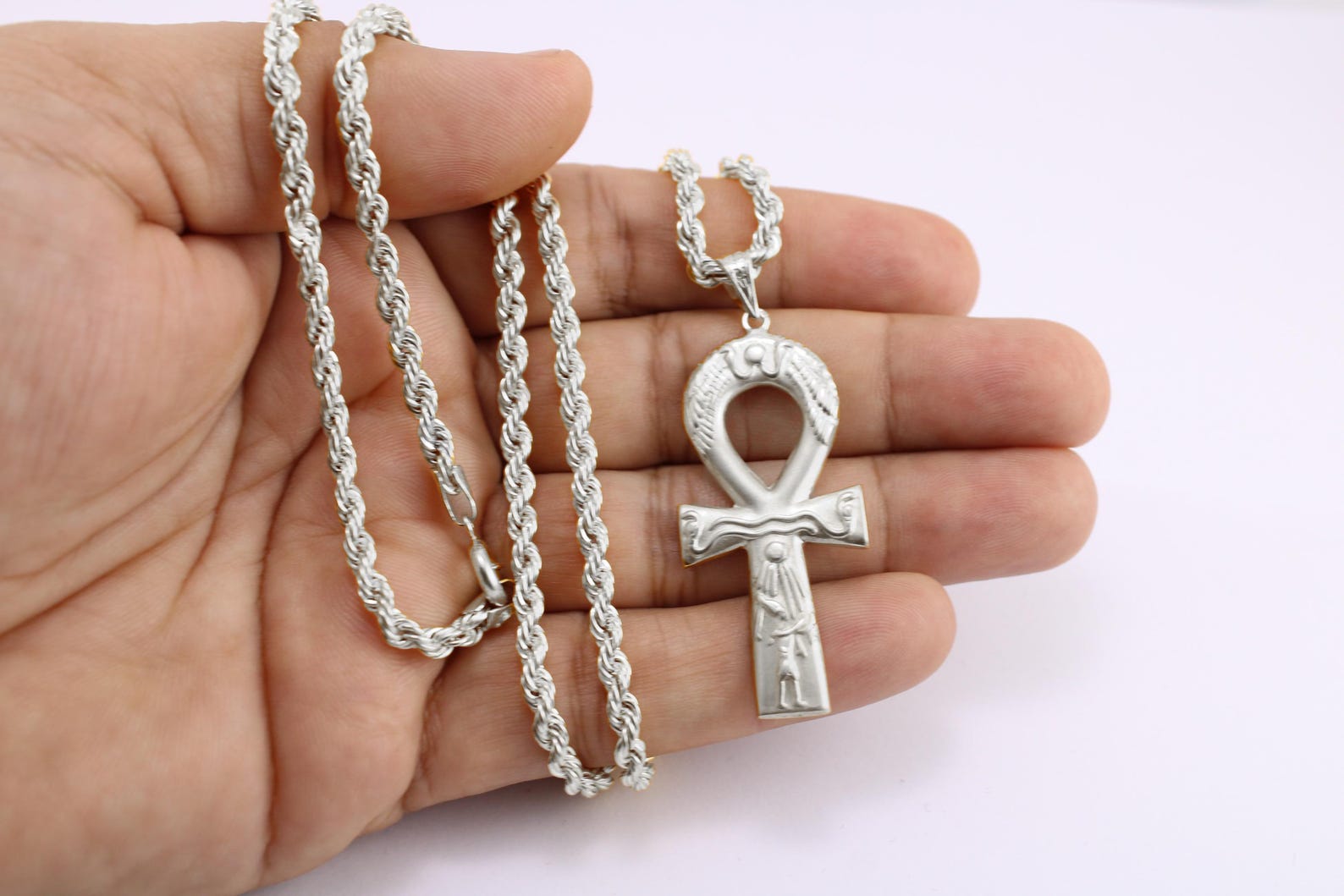Gold Plated Sterling Silver Ankh Cross Key of Life Necklace Rope Chain ...