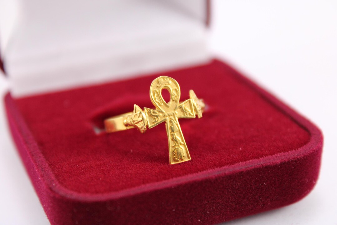Engraved Ankh Cross Key of Life Ring 18K Gold Stamped Pharaonic Ankh ...