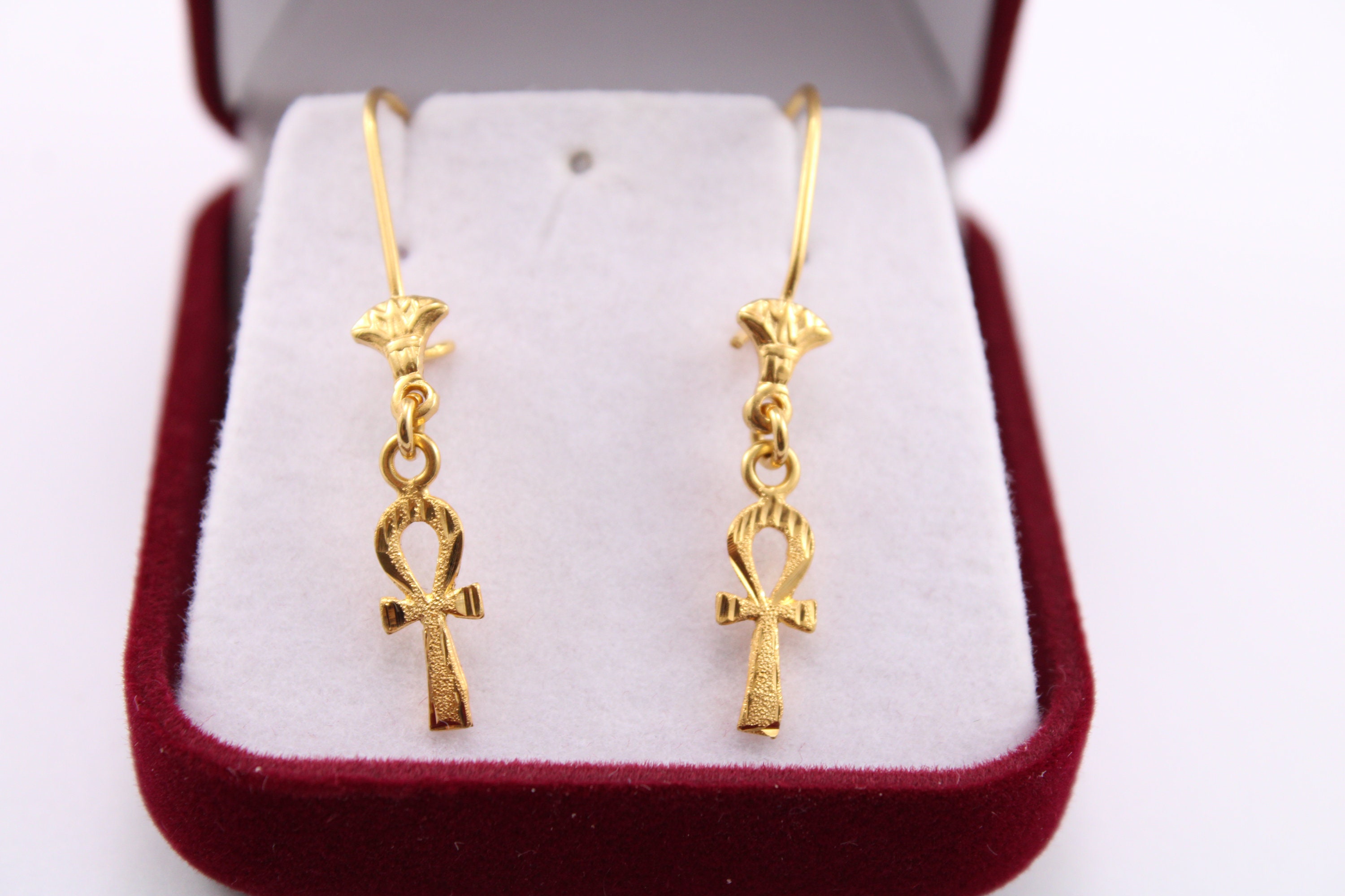 EGYGIFTSSHOP Ankh Cross 18K Gold Earrings Egyptian Earring Key of Life Stamped Gold Pharaonic Ankh Earrings Egyptian Cross Earrings Gift Ideas 2 GR