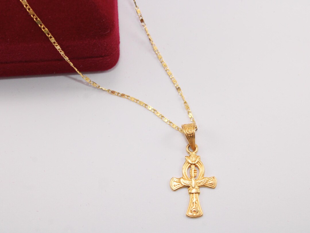 Scepter Ankh Cross Key of Life 18K Gold Necklace Egyptian Jewelry ...