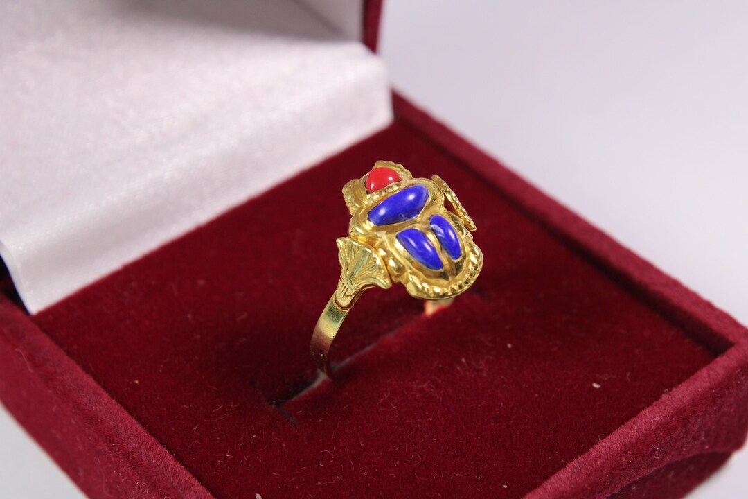 Egyptian Red Blue Scarab Gold 18K Ring Stamped Pharaonic 3.3 Gr All ...