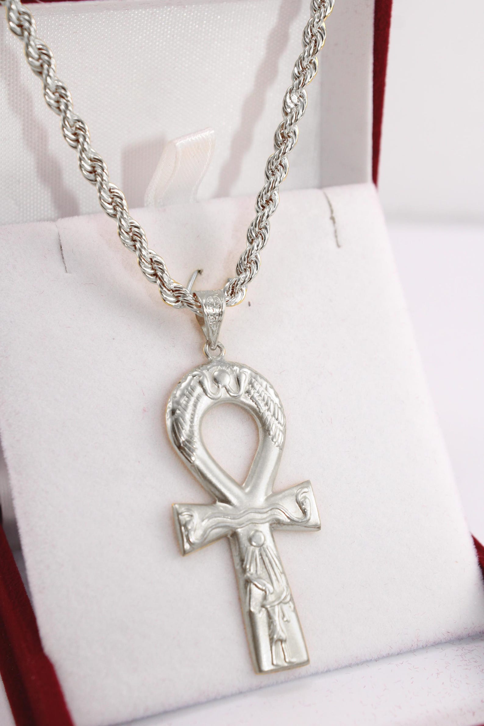Gold Plated Sterling Silver Ankh Cross Key of Life Necklace Rope Chain ...