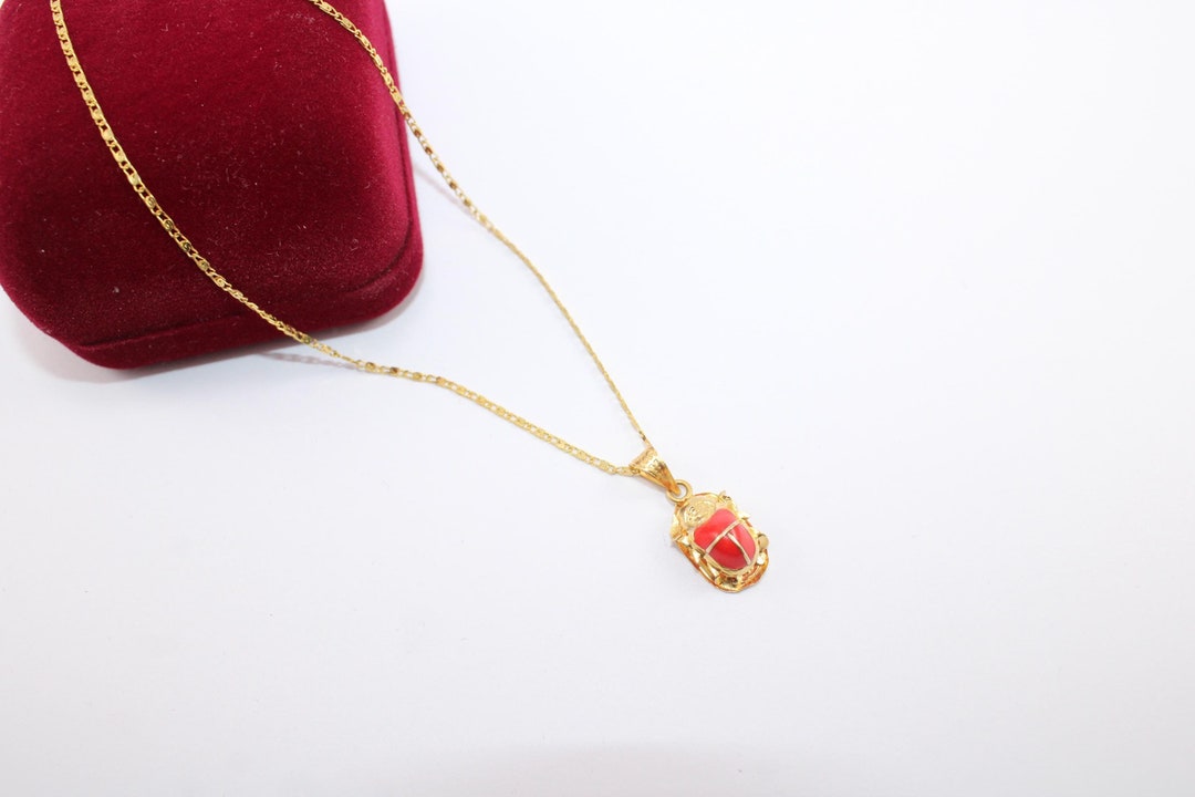 Unique Egyptian Red Scarab Necklace 18K Gold Stamped Pharaonic Handmade ...