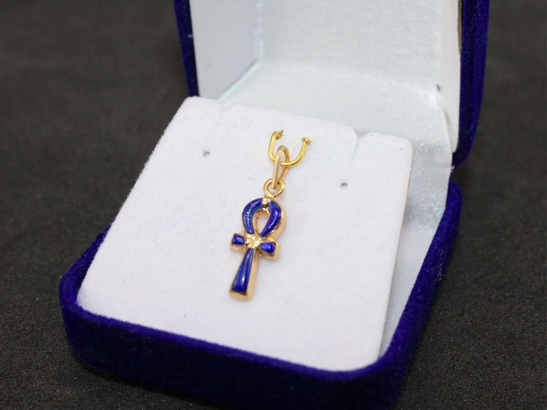 Blue Ankh Cross Pendant 18K Gold Life Key Egyptian Crucifix Pendant ...