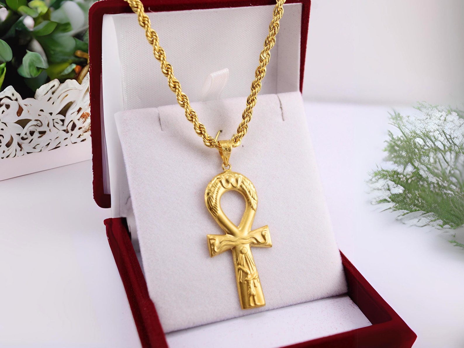 Gold Plated Sterling Silver Ankh Cross Key of Life Necklace Rope Chain ...