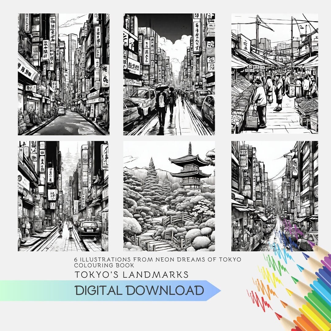 6 X Neon Dreams of Tokyo Colouring Pages. 6 Illustrations to Colour ...