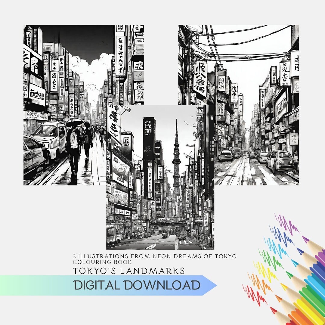 Neon Dreams of Tokyo Colouring Pages. 3 Illustrations to Colour ...