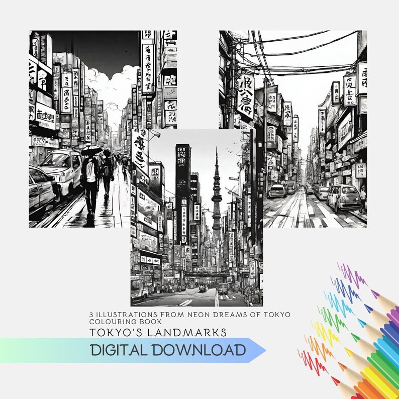 Neon Dreams of Tokyo Colouring Pages. 3 Illustrations to Colour ...