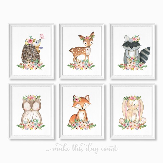 Floral Woodland Forest Animals Deer Fox Owl Bunny Hedgehog - Etsy