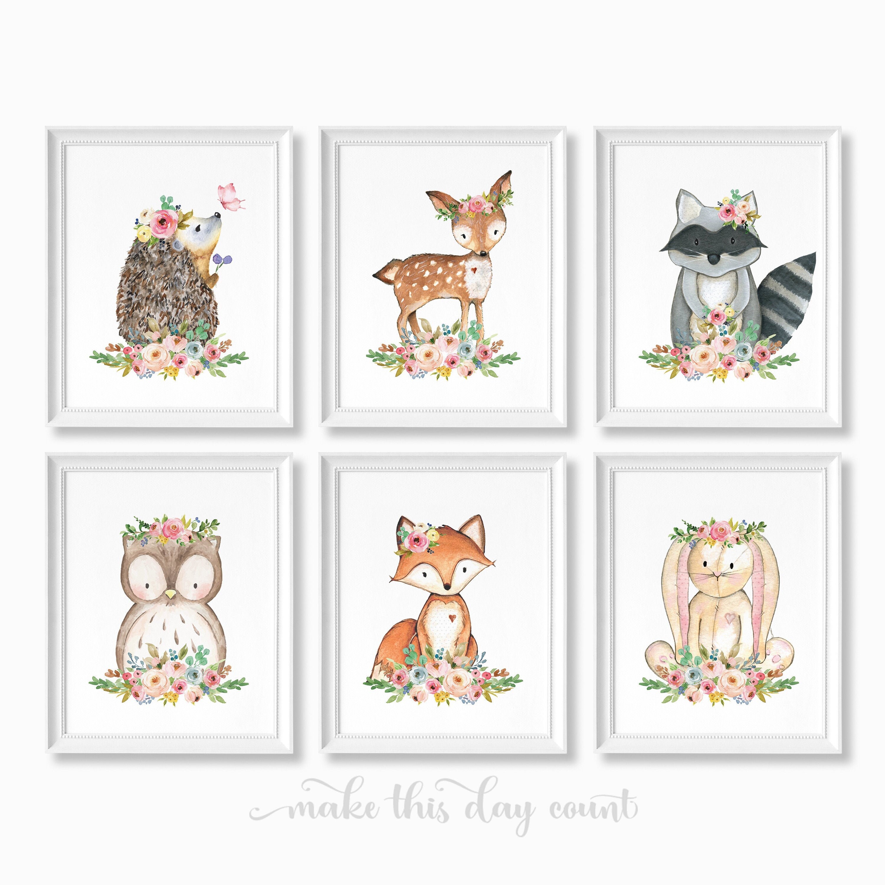 Floral Woodland Forest Animals Deer Fox Owl Bunny Hedgehog - Etsy