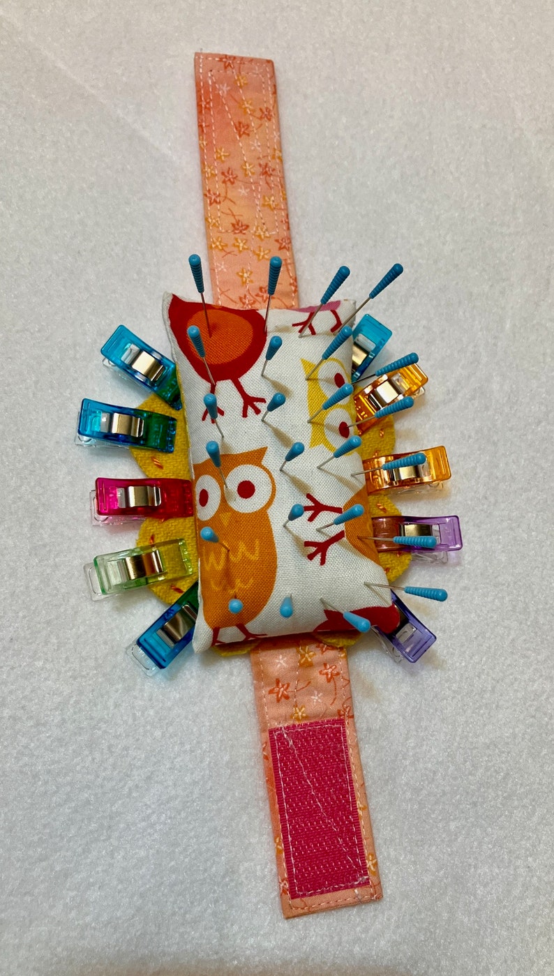 Fabric Wrist Pin Cushion With Adjustable Velcro Strap and Wool Flower ...