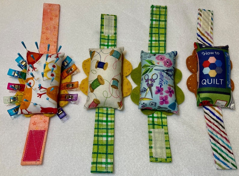 Fabric Wrist Pin Cushion With Adjustable Velcro Strap and Wool Flower ...