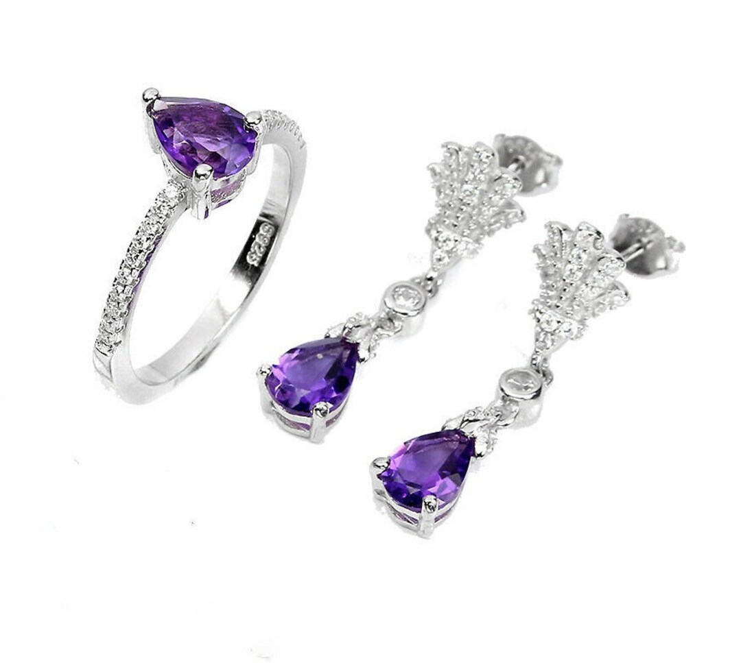 Natural Teardrop Amethyst Ring +earring Set: White Sapphires 18K White ...