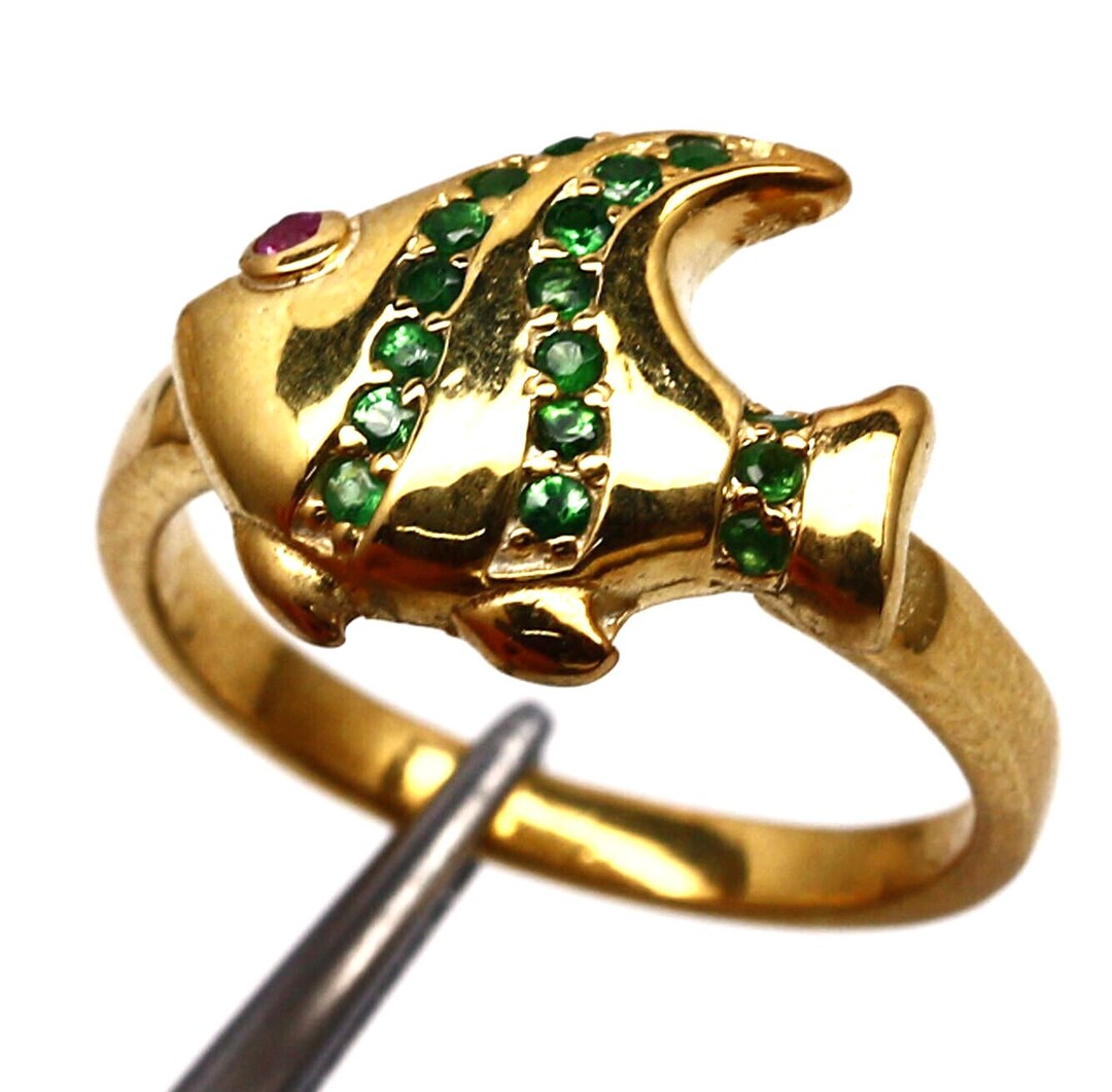 Natural Tsavorite Garnet Fish Ring: Ruby Eye, 18k Gold/ Silver, Unisex ...