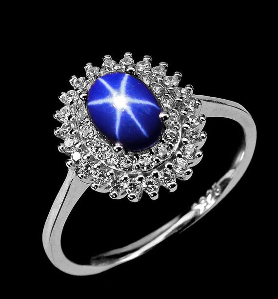 Natural 6 Rays Star Sapphire Ring Double Moissanite H… - Gem