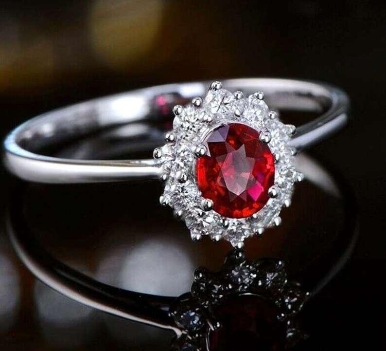 Ruby Ring Solitaire 1 Carat Round Ruby w/ Crystal Halo 925 | Etsy