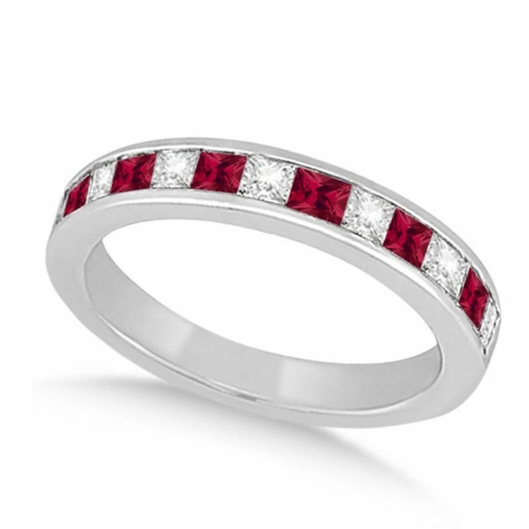 Ruby Band Ring Channel Set Princess Cut W/ White Sapphires 14k White ...