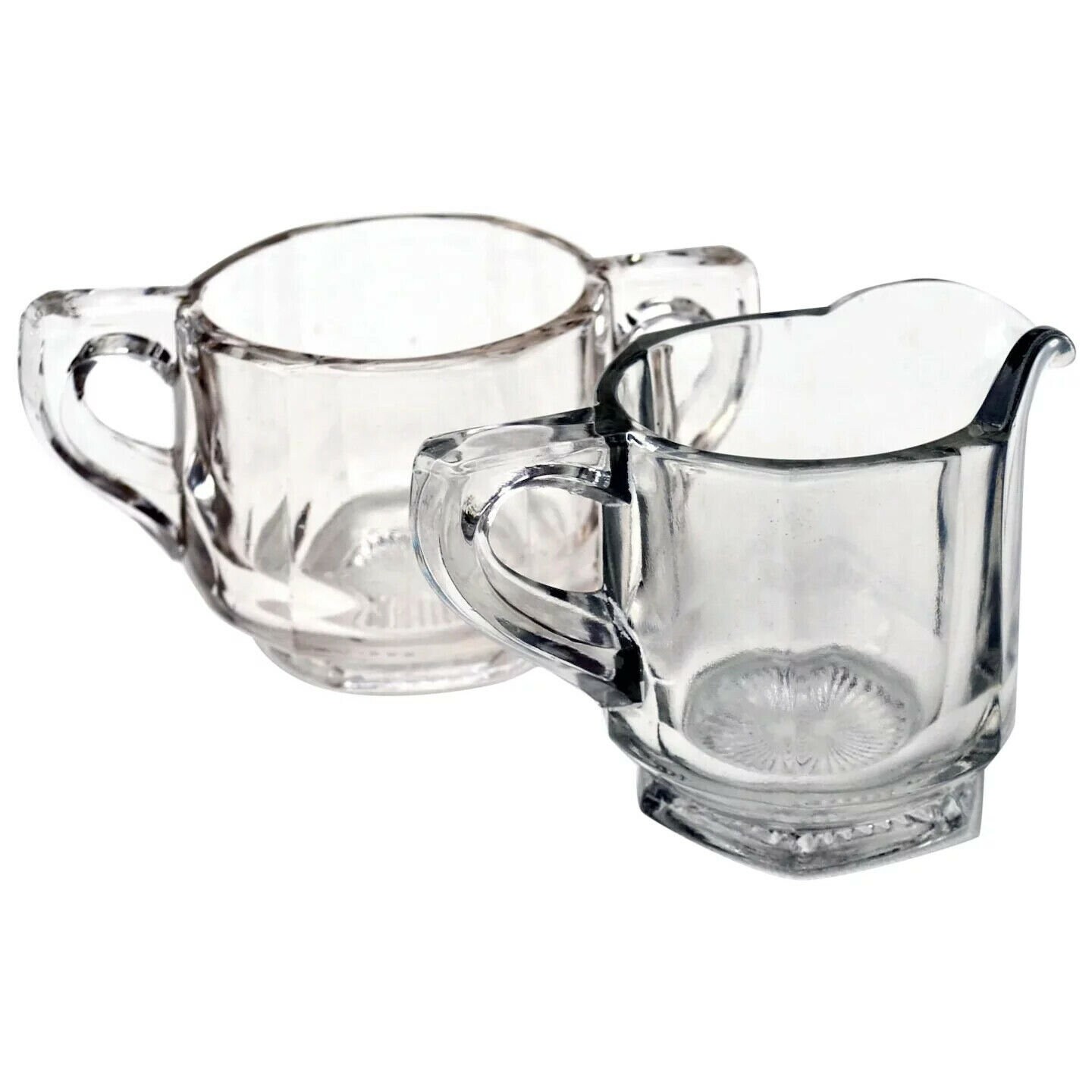 Cream and Sugar Bowl Set Clear Thick Glass Paneled Creamer Cup Vintage ...