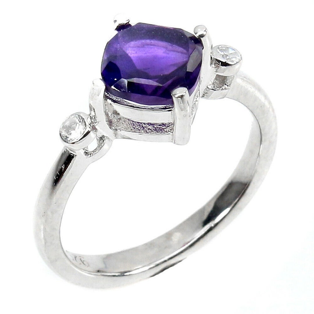 Natural Amethyst Ring Cushion Cut Solitaire W/ 2 White Sapphire Accents ...