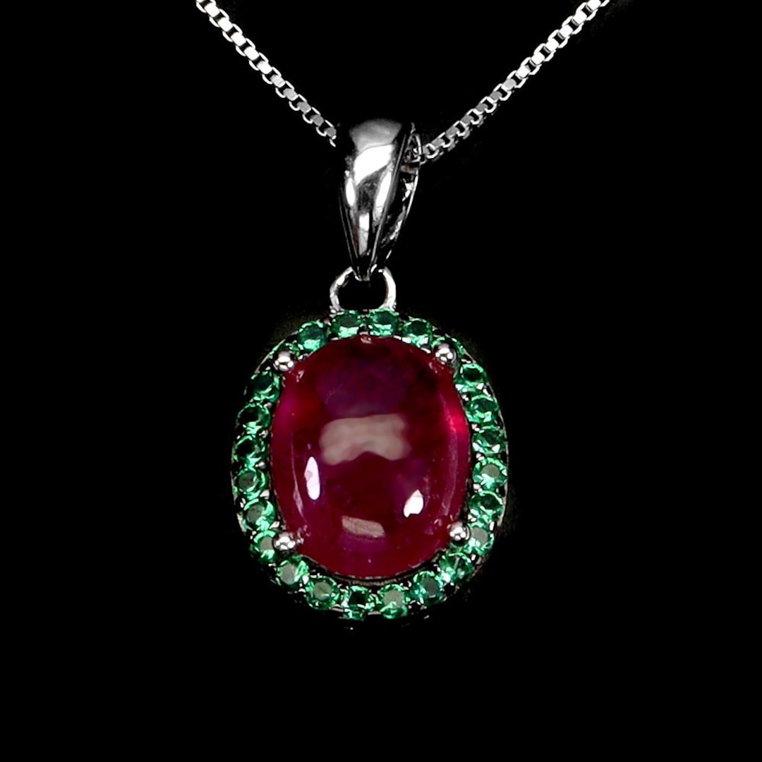 Vintage Estate Natural Ruby Pendant: Chrome Diopside Halo, 18k White ...