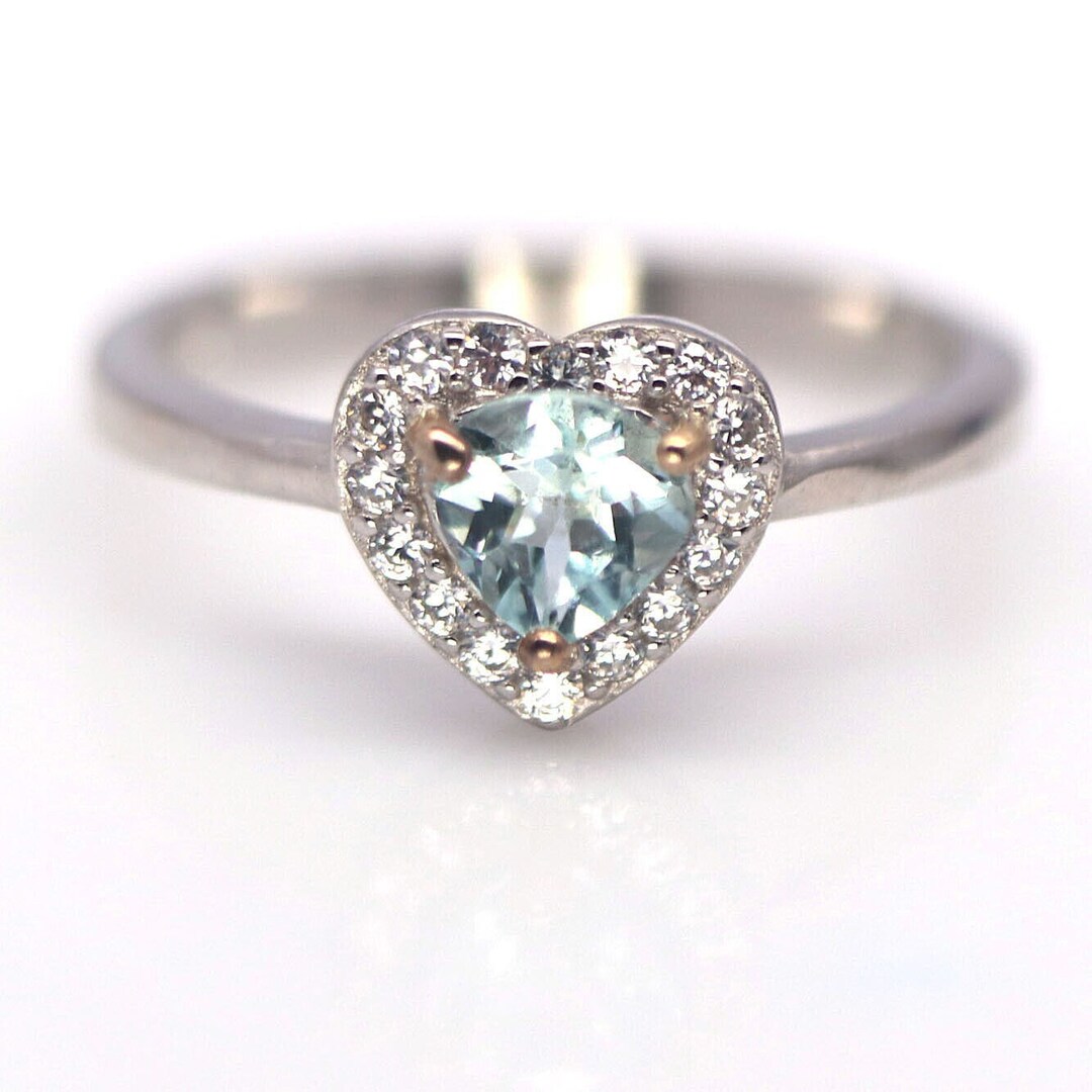 Natural Aquamarine Heart Solitaire Ring W/ Moissanite Halo 18k White ...