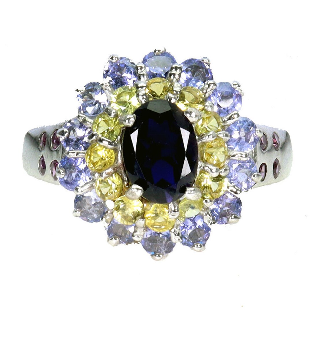 Natural Iolite Ring: Double Halo, Yellow Sapphires, Tanzanite, Amethyst ...