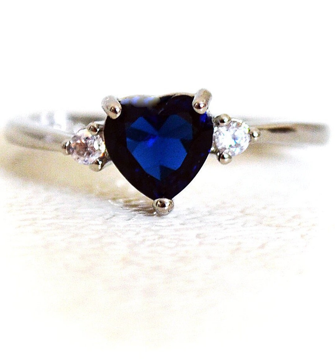 Blue Sapphire Heart Ring Solitaire White Sapphire Accents 14K White ...
