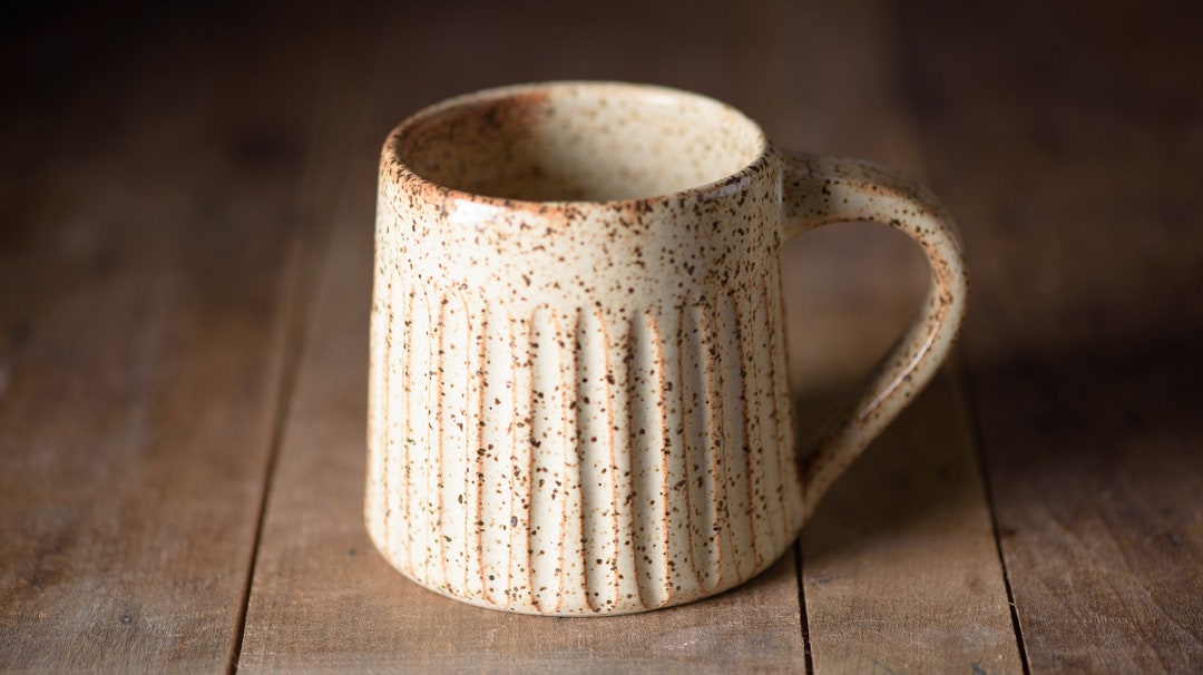 Hand Carved Pottery Mug With Handle Earthy Speckled Warm White 10-12 Oz ...