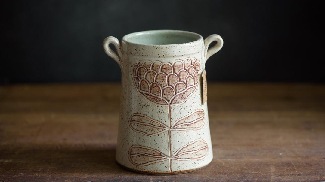 Hand Carved Floral Pottery Vase With Handles Speckled Clay Vase With ...