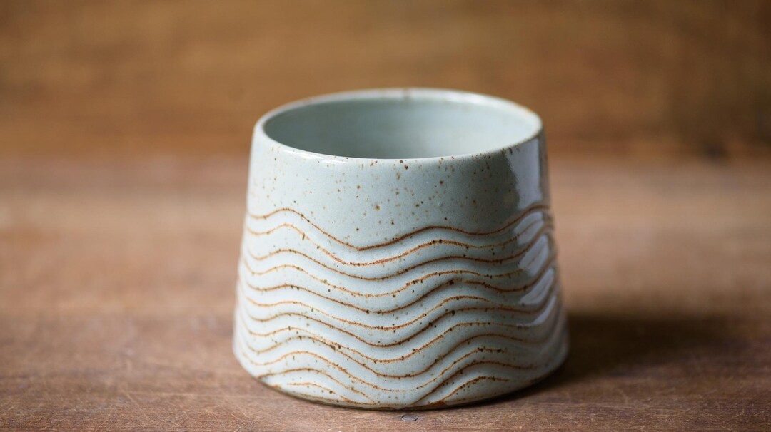 Hand Carved Pottery Planter - Blue Wave Planter With Drainage - Etsy