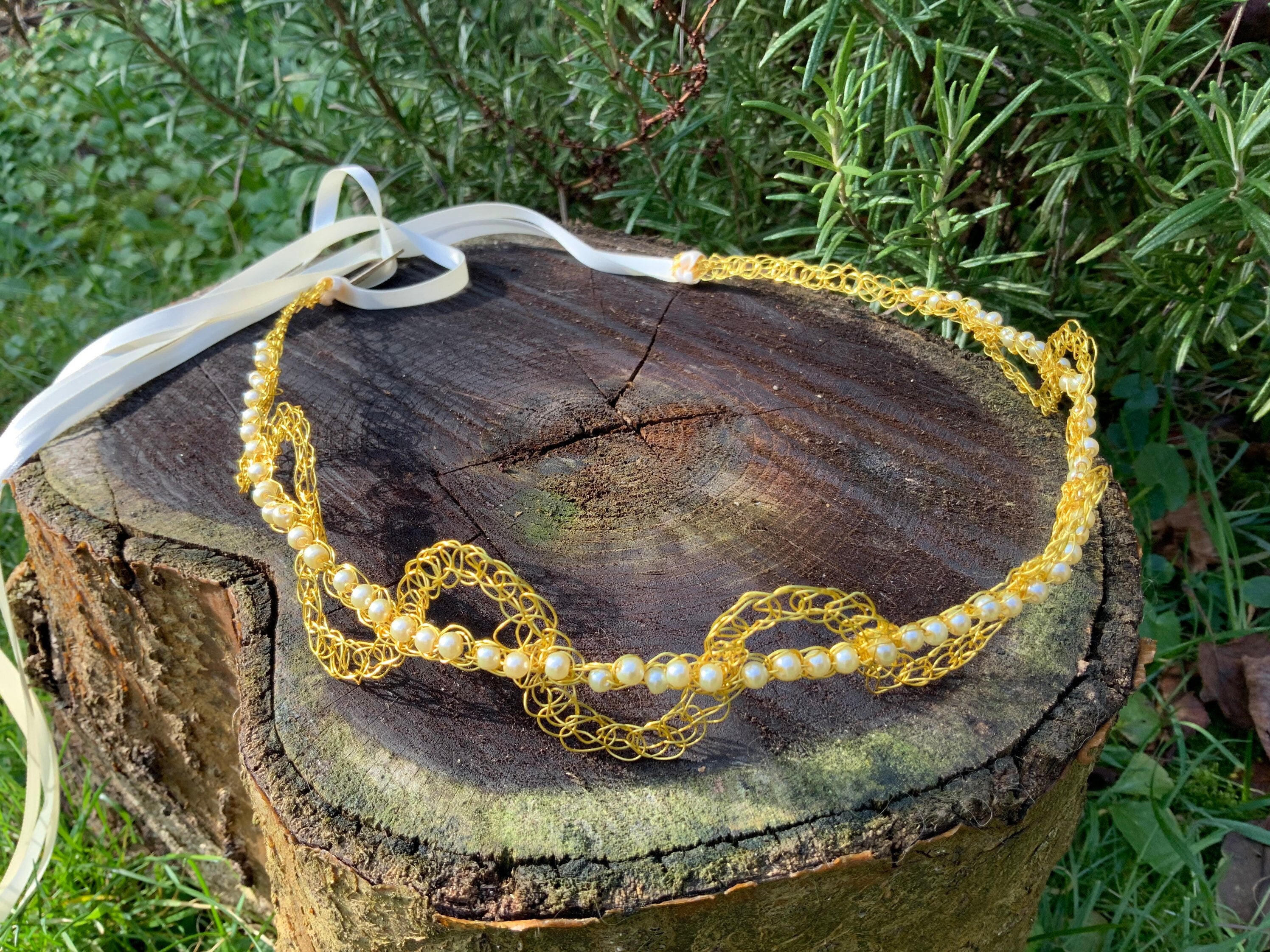 Golden Crocheted Tudor Crown, Tudor Headpiece, Cream Glass Pearls and ...