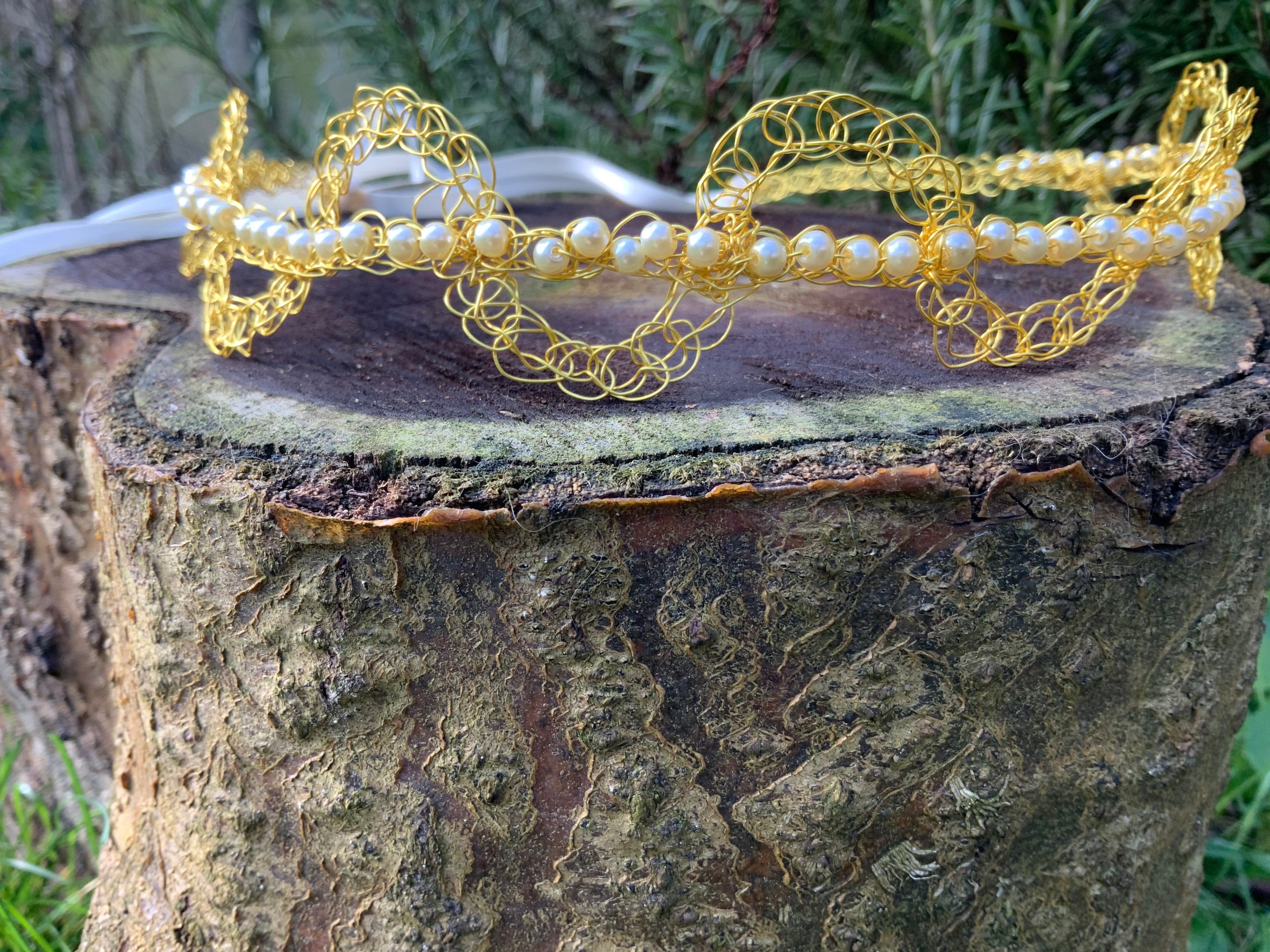 Golden Crocheted Tudor Crown, Tudor Headpiece, Cream Glass Pearls and ...