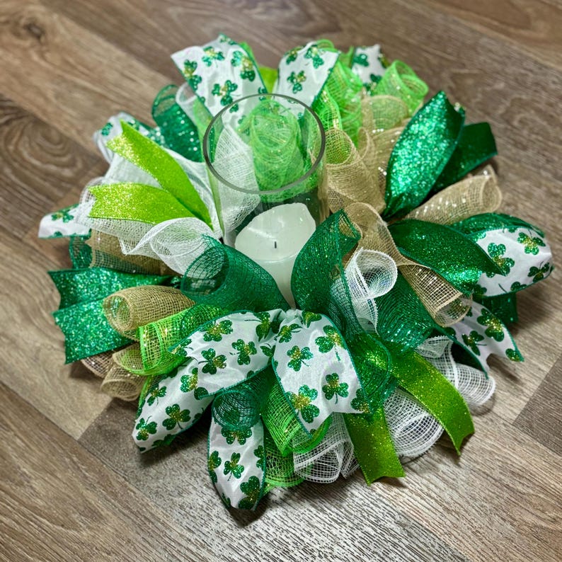 18" Shamrock Deco Mesh Centerpiece /saint Patrick's Day Candle Holder ...