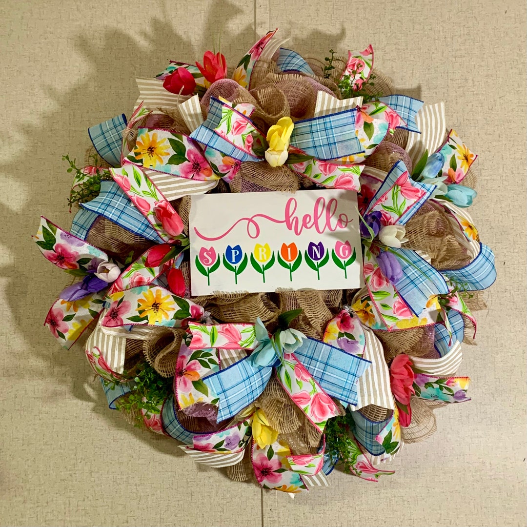Hello Spring Wreath, Tulip Mesh Wreath, Welcome Wreath, Spring Wreath ...